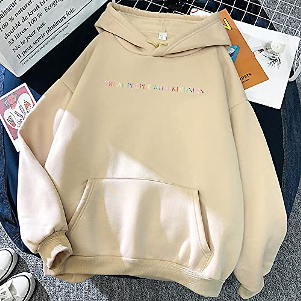EMILYLE Unisex Hoodie TREAT PEOPLE WITH KINDNESS Theme Sweatshirt Colorful Pullover For Men Women(khaki-1,2XL)