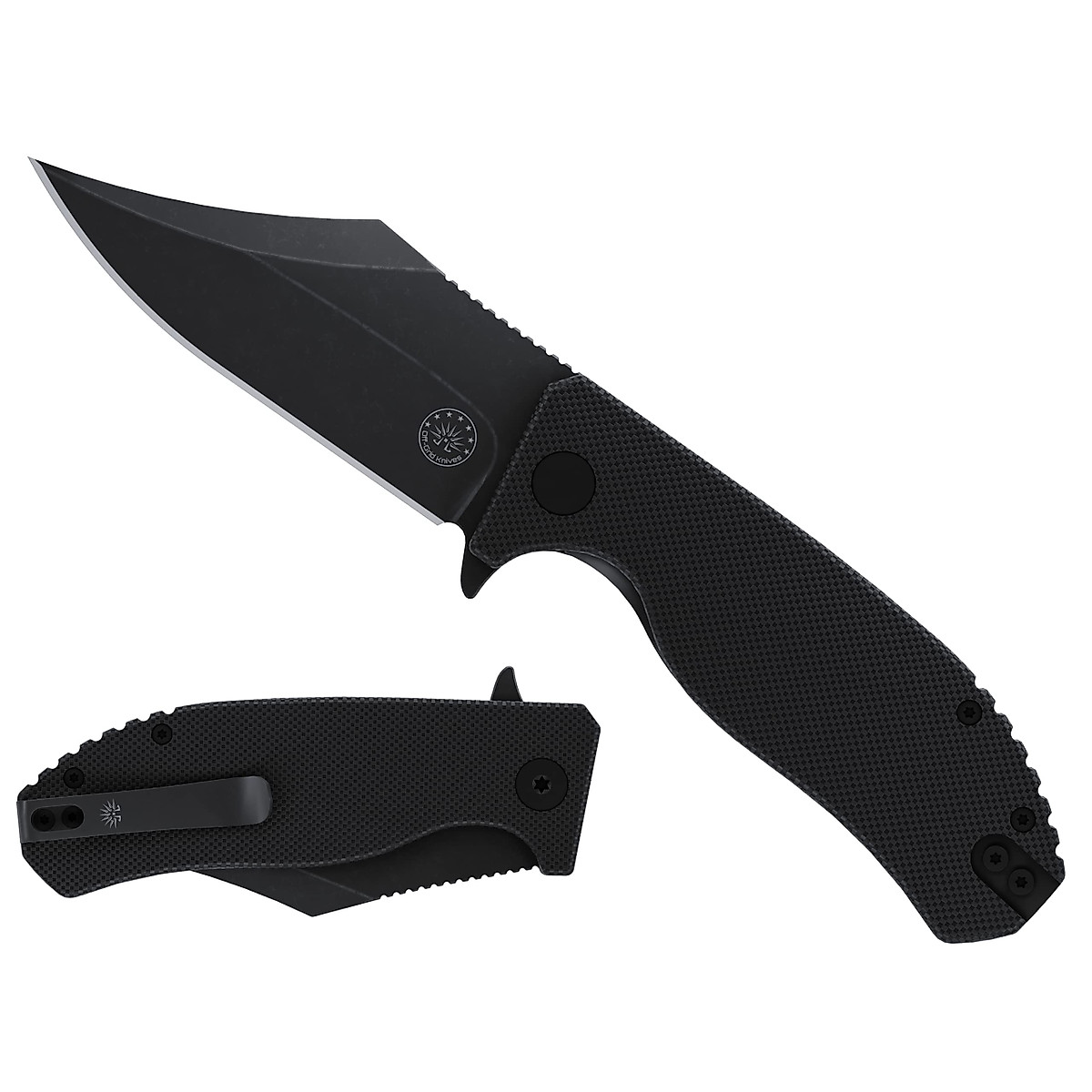 Off-Grid Knives - Caiman EDC, D2 Bowie Blade Folding Knife w/ G10 Scales, Bearings, Deep Clip, Left or Right Hand Carry