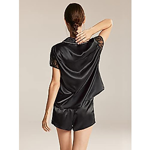 AW BRIDAL Black Pajamas Set for Women Satin Bridal Pajamas for Bride Bridesmaid Silk Button Down Pjs Set 2 Pieces, Black L