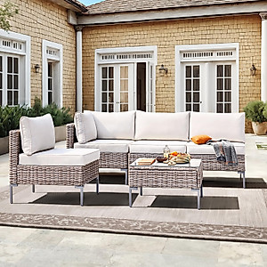 LuxaDomus Patio Furniture Set 5 Pieces, Outdoor Patio Conversation Set with Patio Table, Wicker Outdoor Sofa with Thickened Cushion, PE Rattan Outdoor Furniture Sectional Couch for Garden Backyard