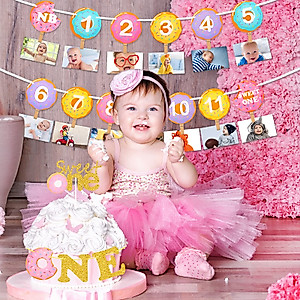 Donut 1st Birthday Party Decorations Donut Photo Banner Sweet One High Chair Banner and Cake Topper Monthly Milestone Photo Props for Donut First Birthday Decoration Supplies