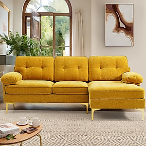 EASELAND 83" L Shaped Convertible Couch, Chenille Couch Sectionals for Living Room, 3-Seat Comfy Lounge Sofa for Bedroom with Chaise, Sleeper Sofa Bed with Fluffy Armrests, Washable Cushion(Yellow)