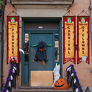 3 Pcs Carnival Party Decorations Carnival Banner for Halloween Evil Circus Porch Sign Creepy Scary Clown Welcome Sign Funny Sarcastic Halloween Indoor Outdoor Yard Hanging Wall Decor 11.8 x 47.2 Inch