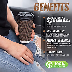 Promora Brown Disposable Coffee Cups With Lids 16 oz, Premium Insulated Paper Ripple Cups for Hot Coffee, Paper Cups 16 oz Coffee Cups 16 oz, Hot Cups With Lids 16 oz, Paper Coffee Cups (80 Pack)