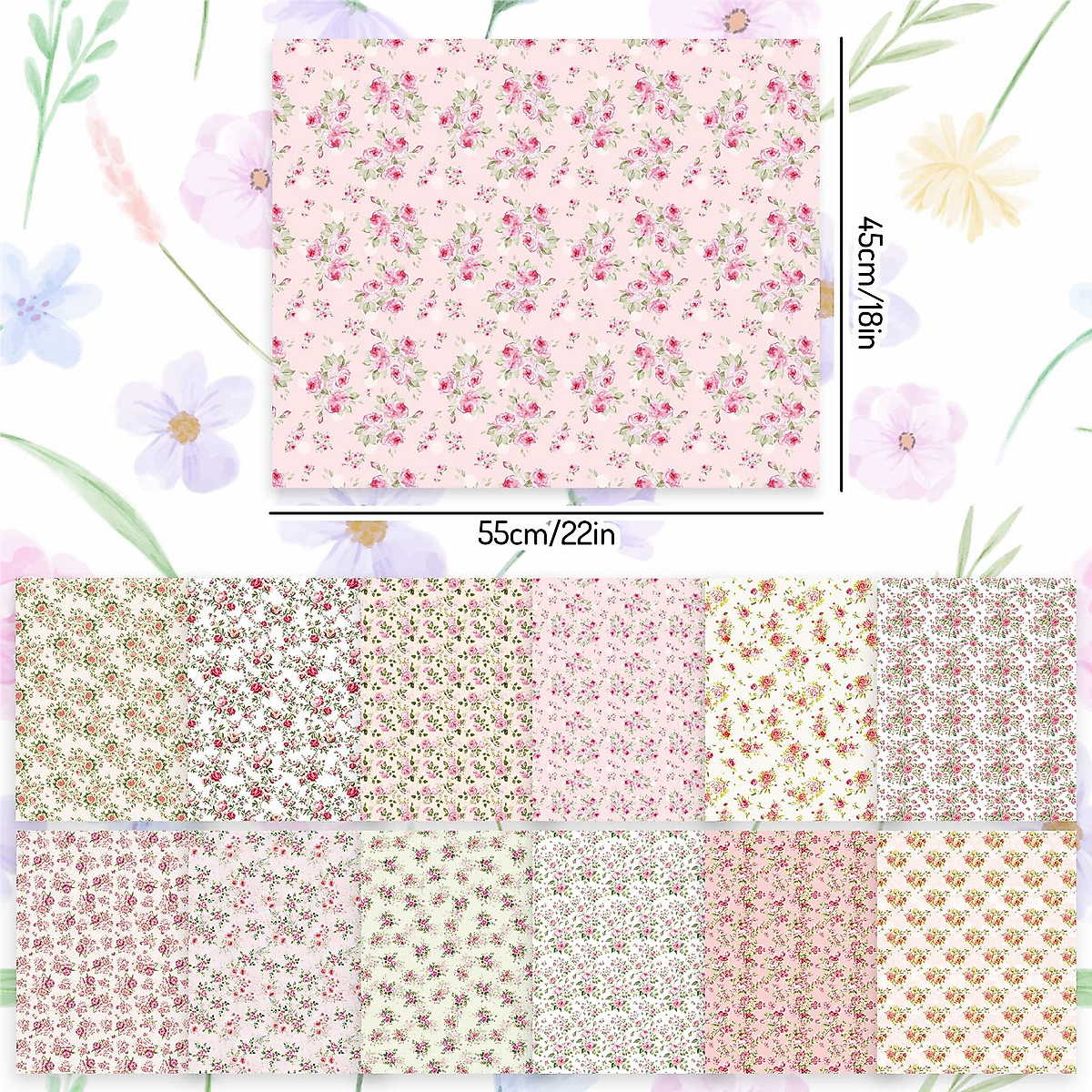 Whaline 12Pcs Spring Cotton Fabric Bundles 18 x 22 Inch Floral Quilting Fabric Patchwork Flower Pattern Precut Fat Quarters for Spring Birthday Sewing DIY Crafts Handmade Clothing