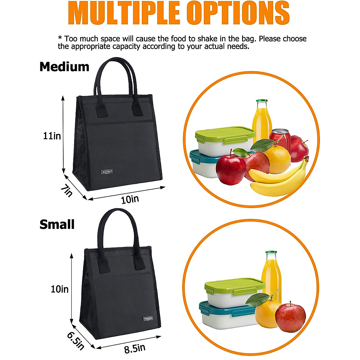 Fmeida Lunch Bag, Insulated Lunch Bag Women, Small Lunch Bag, Thermal Black Lunch Bag with Side&Interior Pockets, Reusable Adult Lunch Tote Bags for Women Men Office Work College Beach Travel