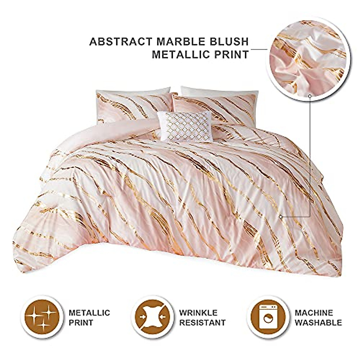 Comfort Spaces Nero Metallic Comforter Fun Print for Girls Bedroom Modern Bedding Set, All Season Cover, Matching Sham, Full/Queen(90"x90"), Abstract Marble Blush 4 Piece