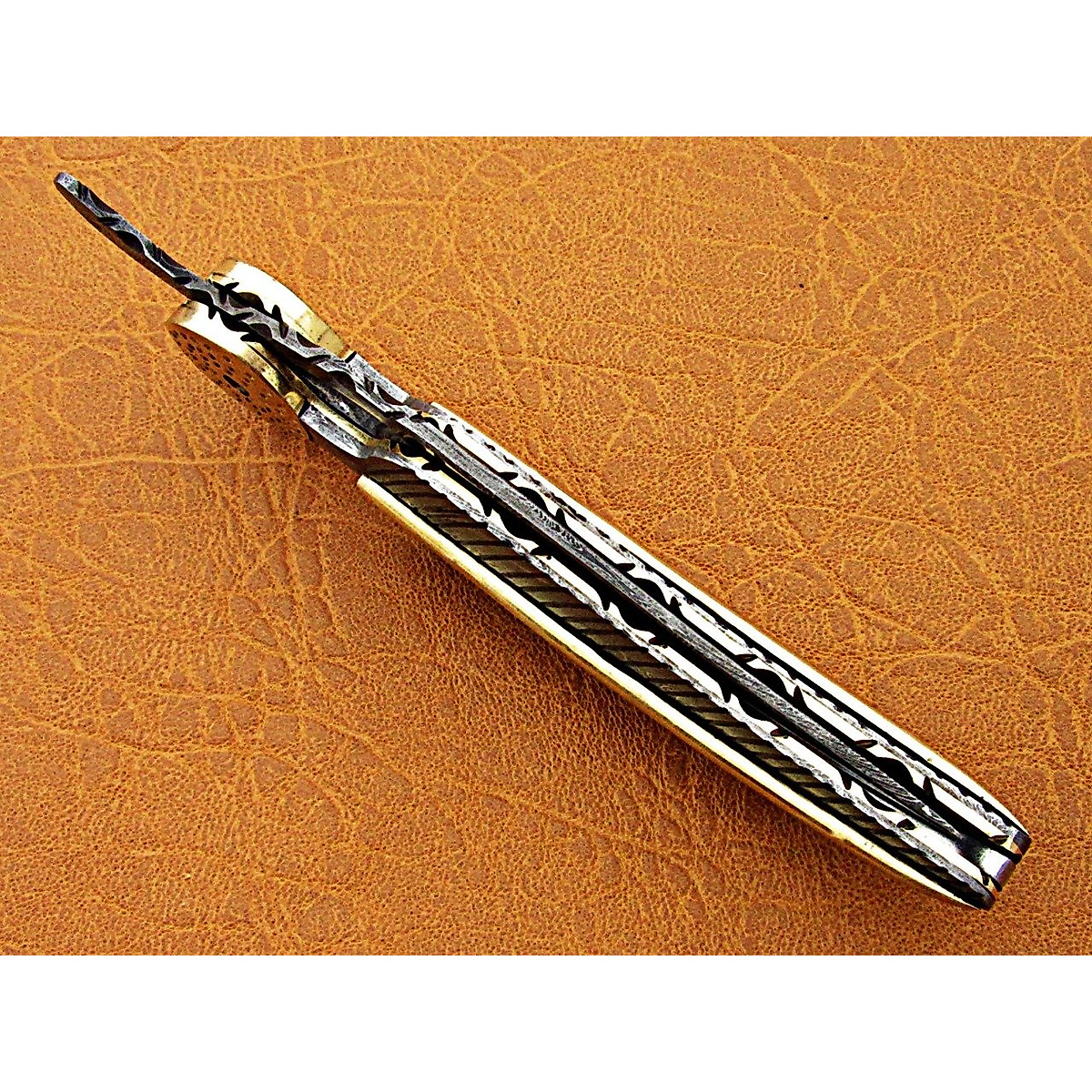 8" hand forged Damascus steel leaf folding pocket knife custom made, Engraved Damascus scale with bras art work cow leather sheath (Damascus) (Full Damascus)