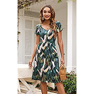 OUGES Casual Summer Short Sleeve V Neck Hawaiian Tropical Dresses 2025 Button Up Midi Dress for Women with Pockets(Green Floral08,M)