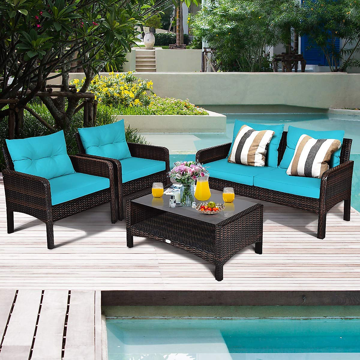 Tangkula 4 Piece Patio Furniture Set, Outdoor Wicker Conversation Set with Glass Top Coffee Table, All Weather Proof and Thick Cushions, Suitable for Porch, Garden, Poolside and Lawn (Turquoise)