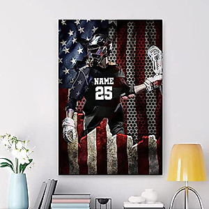 OhaPrints Personalized Lacrosse Poster & Framed Canvas, Lacrosse Player Us Flag Home Office Decor, Custom Name & Number Living Room Bedroom Aesthetic Wall Art Gift For Son, Boy, Men