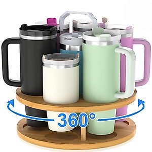 7 Slots Water Bottle Organizer for Stanley 40 oz Tumbler with Handle, Bamboo Wood Rotatable Stanley Cup Organizer Holder, Kitchen Organizers and Storage for Stanley Owala Simple Modern Cup Accessories