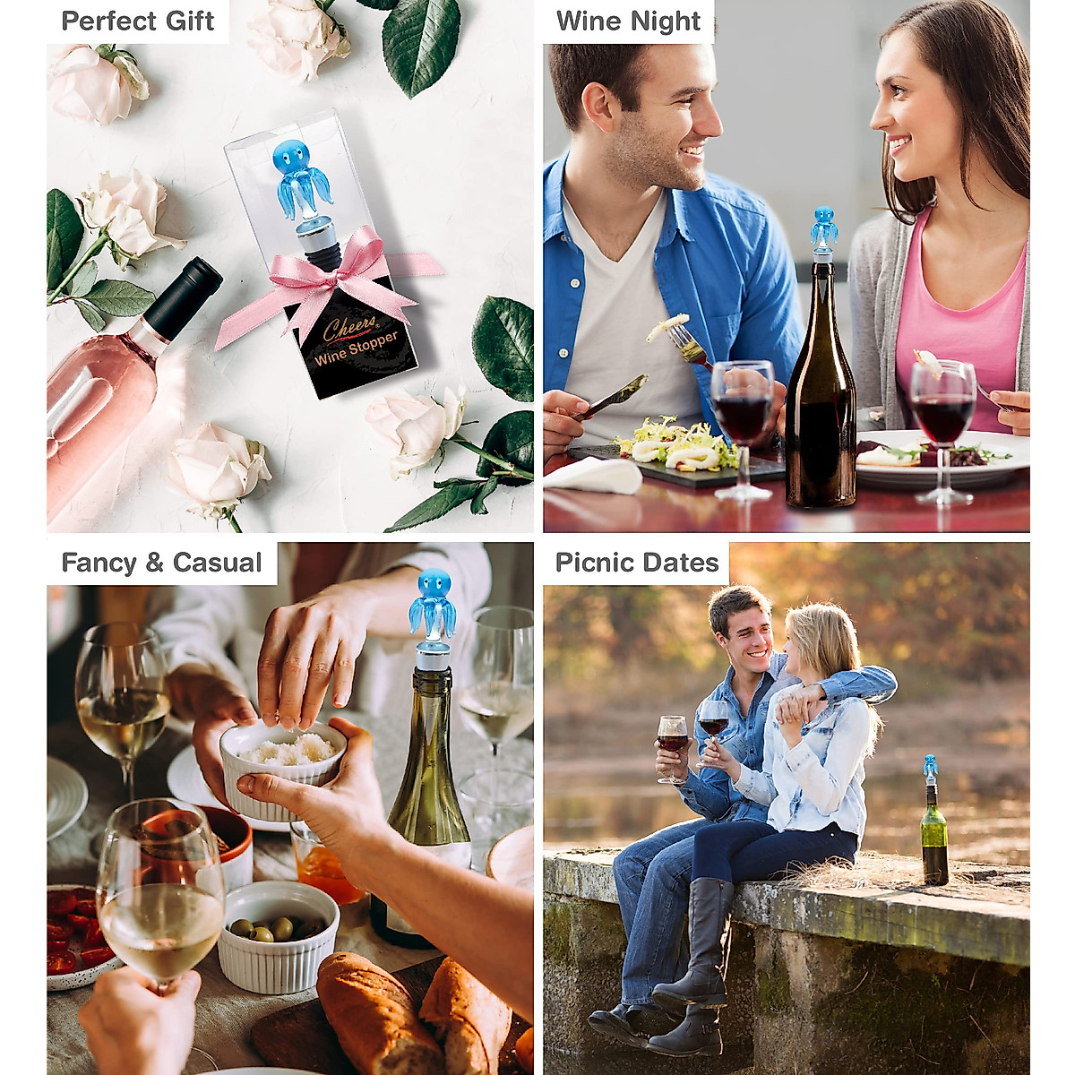 Cheers Octopus Glass Wine Stopper – Elegant Vacuum Seal Reusable Nautical Ocean Life Wine Bottle Stopper – Airtight Leak Proof Bottle Topper Cork Plug, Cute Home Decor & Bar Tool Accessory Gift