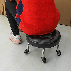 OBMMIRAO Pedicure Stool Low Roller Seat Wheel Stool,Swivel Stool Round Stool with Wheels, Black Low Chair with Wheels,PU Leather (Black StyleB)