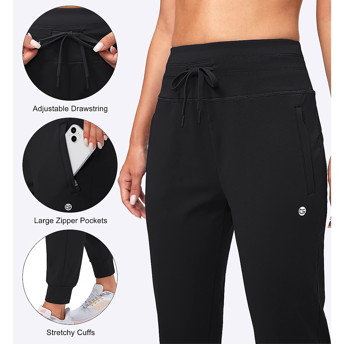 G Gradual Women's Fleece Lined Joggers High Waisted Water Resistant Thermal Winter Sweatpants Running Hiking Pockets (Black, S)