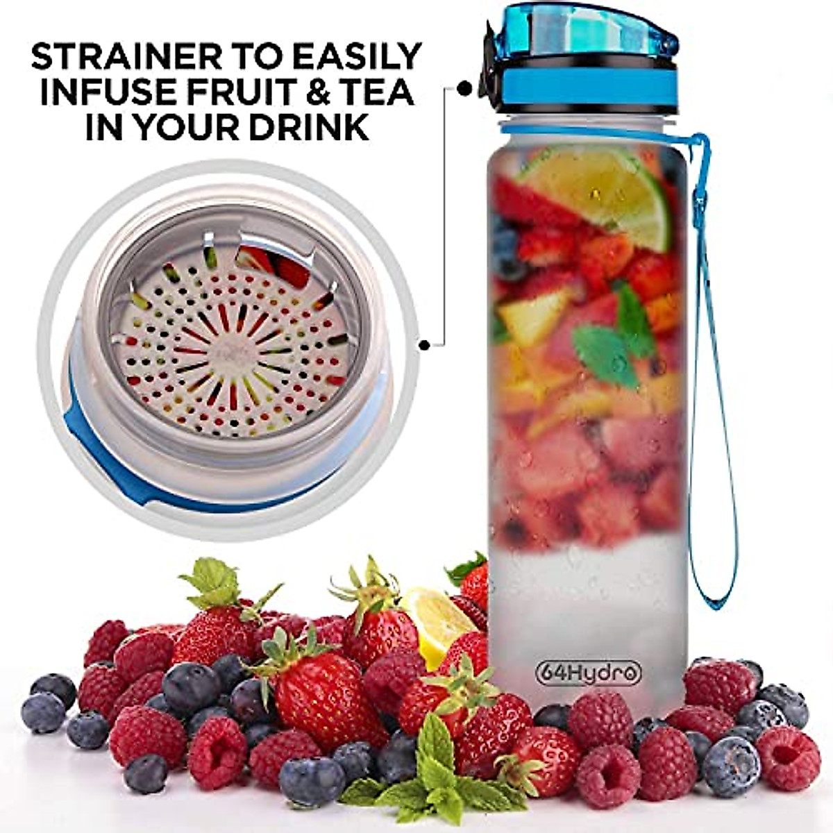 64HYDRO 32oz 1Liter Motivational Water Bottle with Time Marker & Removable Strainer, Water Tracker Bottles, Snow Wolf Water Bottles with Times to Drink, Cool Unique Inspirational Gifts for Men, Women