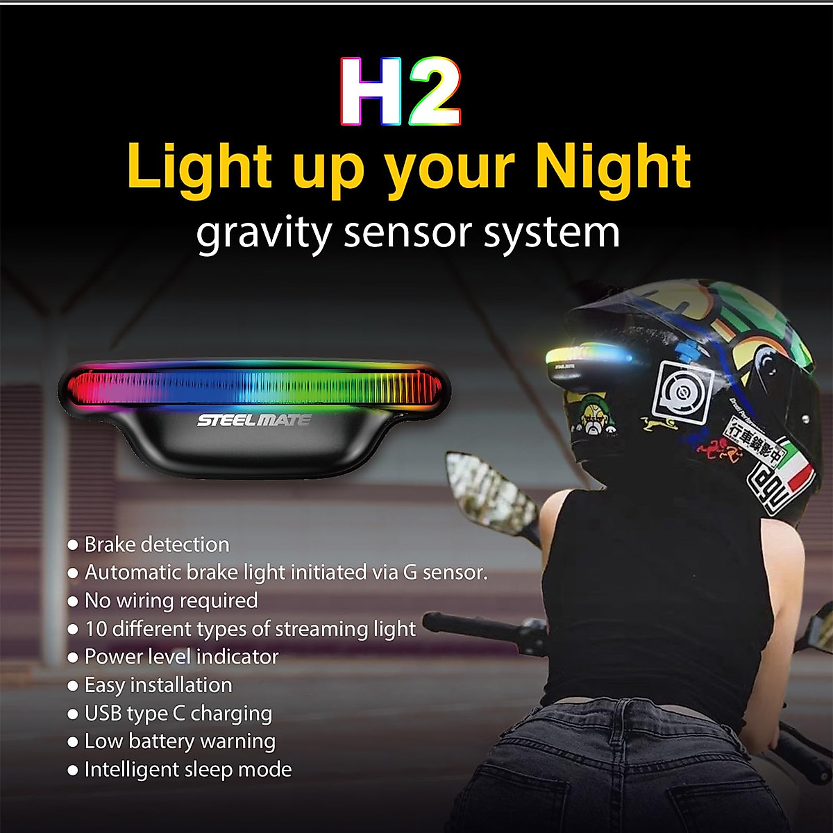 STEEL MATE H2 Helmet Brake Light and Running Light for Motorcycle Safety Rechargeable LED Signal Light for Helmet (WITHOUT ECU)