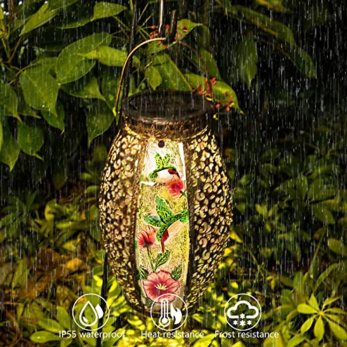 Outdoor Solar Lantern-Waterproof Hummingbird Hanging Metal Decorative Lights for Patio Table Garden Pathway Yard with Super Bright Warm White LED, Large Solar Panels, Auto On/Off