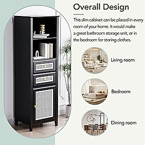 OPTOUGH Boho Style Slim Tall Storage Narrow Bathroom Corner Rattan Door Mid Century Modern Tower Freestanding Cabinet Organizer with Metal Handles for Kitchen, Living Room, Bedroom, Black