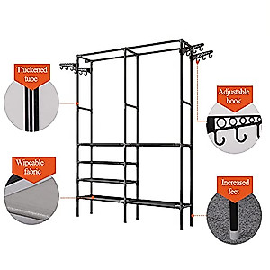 MOAMUN Metal Garment Rack Clothing Hanging Rack Free Standing Clothing Hanger with Top Rod,Lower Storage Shelves for Home Bedroom Laundry (Black)