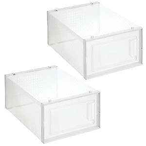 mDesign Stackable Plastic Closet Storage Box with Side Opening Panel- for Organizing Mens and Womens Shoes, Booties, Pumps, Sandals, Wedges, Flats, Heels, and Accessories, 2 Pack - White/Clear