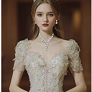 CSY Elegant Austrian Crystal Necklace Drop Earrings Bracelet Set Bridal Wedding Prom Costume Jewelry Sets for Brides Bridesmaid (iridescent AB crystal-silver tone)