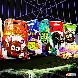 JOYIN 72 PCS Halloween Candy Bag for Trick or Treat, Halloween Treat Bags with 6 Designed Characters, Halloween Plastic Goodie Gift Bags for Party Favors Party Supplies