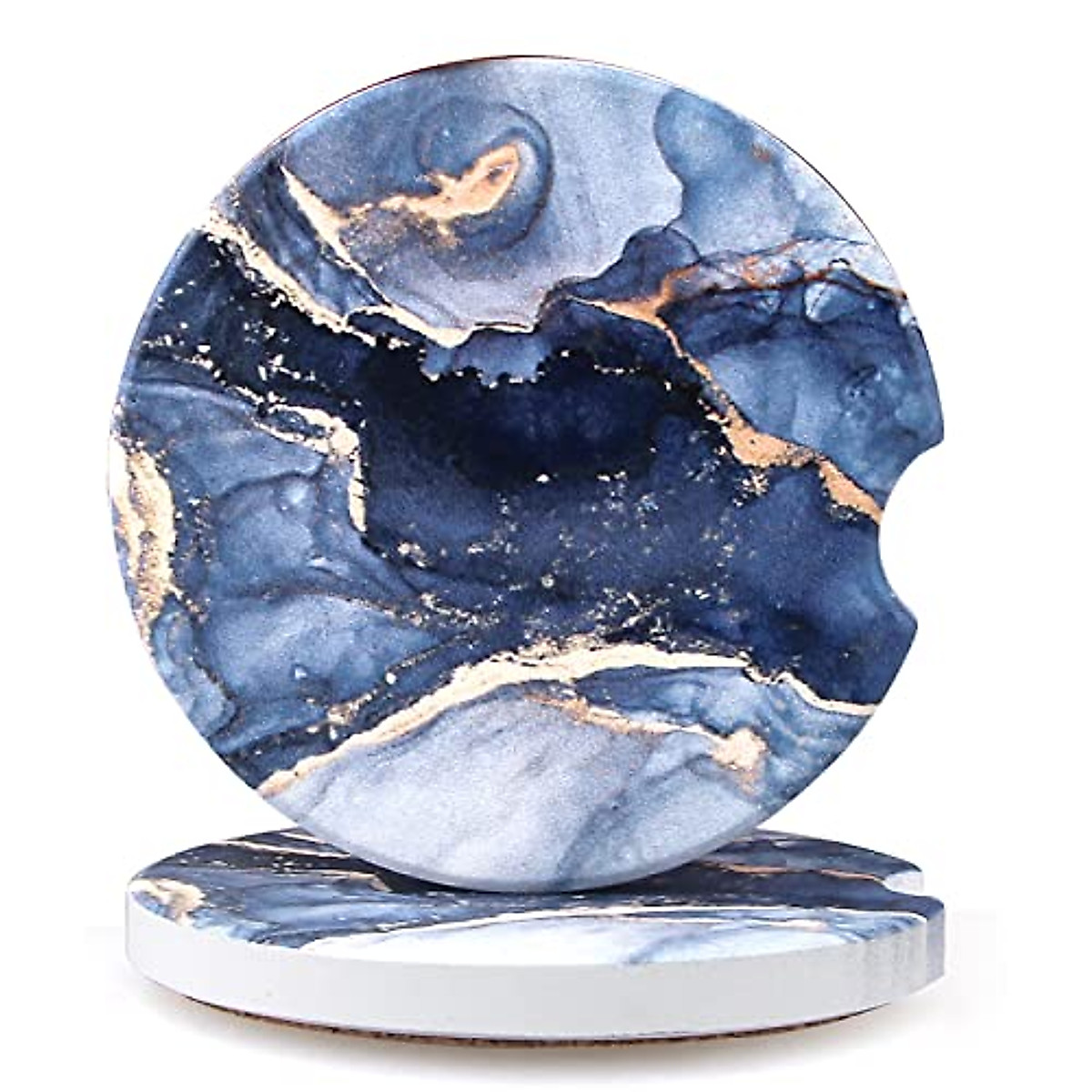 Dksyee Car Cup Holder Coasters 2 Pack Blue Cute Car Coasters for Women & Men Absorbent Ceramic Car Coasters with A Finger Notch for Easy Removal Universal Auto Anti Slip Insert Drink Coaster