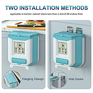 HI NINGER Small Trash Can with Lid, 2.4 Gallon Capacity, Blue/White Color, Plastic Material, Hanging Design, Ideal for Kitchen, Bathroom, RV, Camping