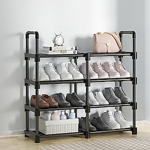 RightTech 4-Tier Shoe Rack, 90CM Long Adjustable & Stackable Metal Shoe Shelf Storage Organizer, Heavy Duty Metal Free Standing Shoe Rack for Entryway Closet Doorway, Black