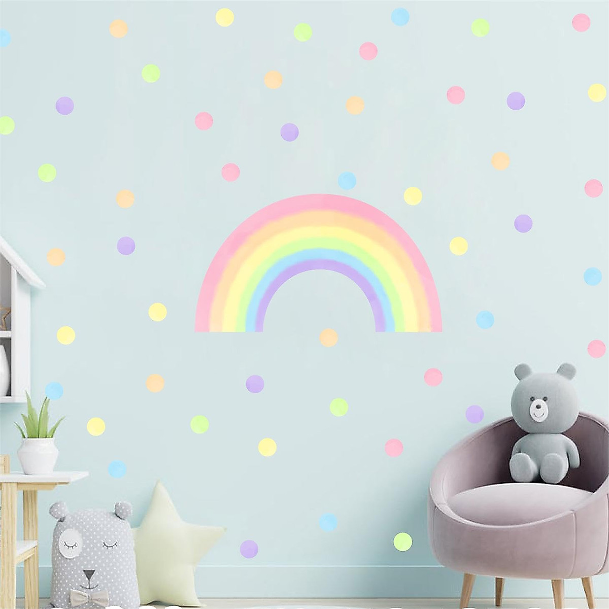 Colorful Rainbow Wall Decals Large Rainbow Wall Stickers Circle Polka Dots Wall Stickers Watercolor Rainbow Wall Decals for Girls Bedroom Nursery Kids Room