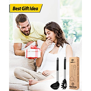 Silicone Pasta Fork and Ladle Spoon Set, Large Non Stick Kitchen Utensils for Cooking,Stirring,Serving Spaghetti, Soup, Sauce (BLACK)