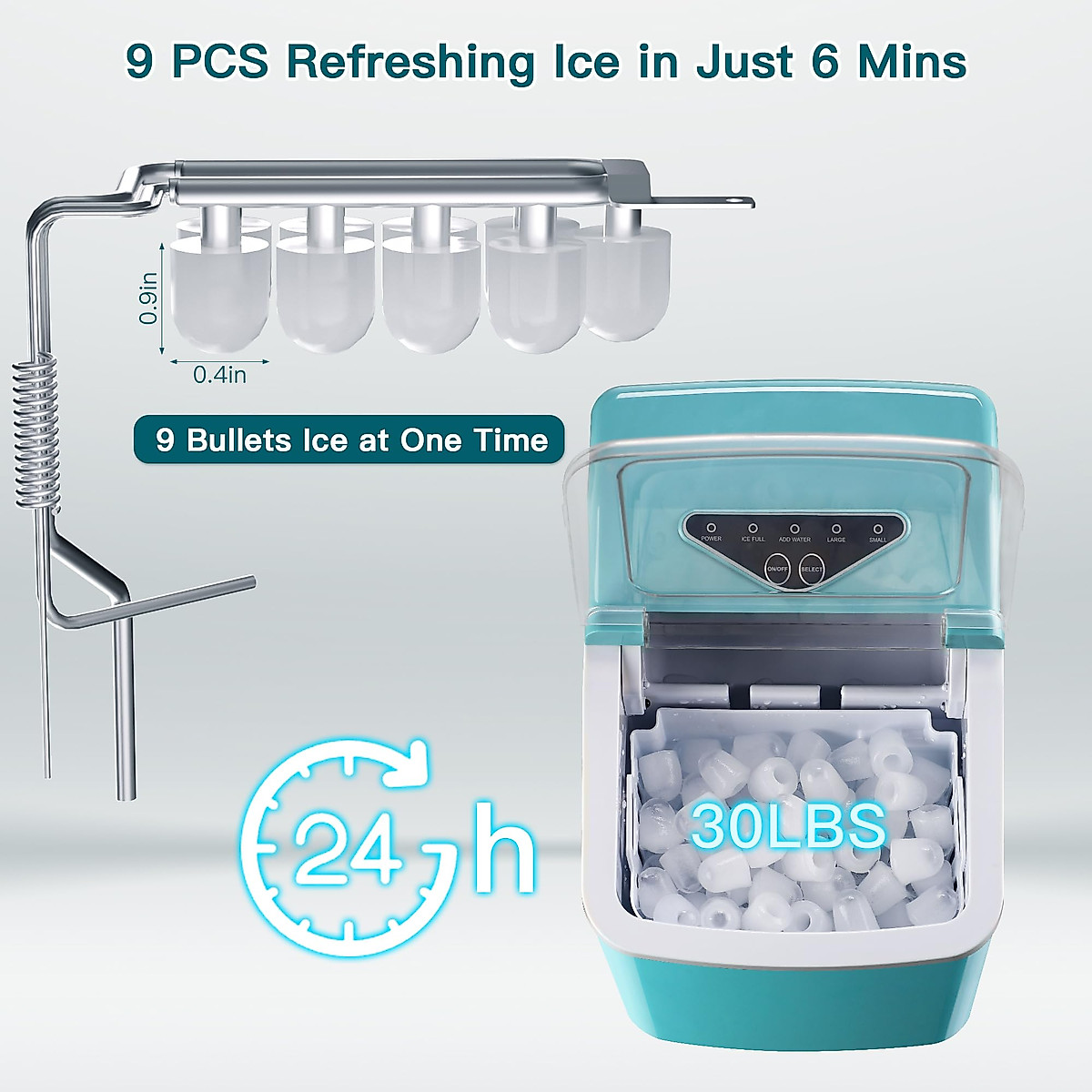 rosmena Ice Maker Countertop, 30lbs/24H Ice Maker Machine, 9 Cubes in 6 Mins, Self-Cleaning Ice Makers with Basket and Scoop, Portable Small ice Maker, 2 Sizes of Bullet Ice for Home Kitchen Office
