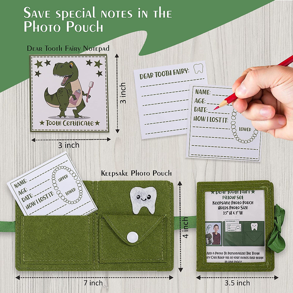 Dinosaur Tooth Fairy Pillow Boy-Tooth fairy kit w/Notepad & Keepsake Photo Pouch-Felt Tooth Fairy Box - Dear Tooth Fairy Notepad - Keepsake Tooth fairy Pouch for Teeth - Tooth Fairy Pillow boy & Girls