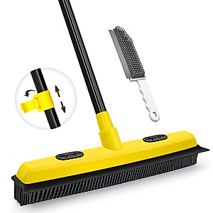 JEHONN Rubber Broom with Squeegee, Pet Hair Remover 52.8 inches Long Handle, Push Fur Removal Tool with Portable Detailing Lint Brush for Fluff Carpet, Window, Tile, Hardwood Floor Cleaning (Yellow)