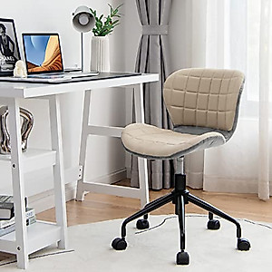 Giantex Home Office Desk Chair, 360° Swivel Height Adjustable Office Chair w/PU Leather, Modern Office Chair, Ergonomic Curved Wood Desk Chairs, Leather Armless Task Chair for Office, Beige & Grey