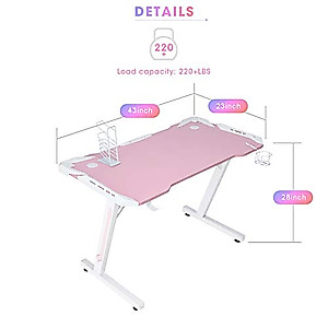 YOUTHUP Gaming Desk with LED Lights, 43" Z Shaped RGB Gaming Computer Desk Table, Ergonomic PC Workstation with Remote Control, Cup Holder, Handle Rack, Headphone Hook for Home Office Use (Pink)