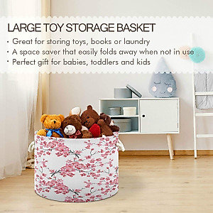 SUABO Large Pink Storage Basket, Cherry Blossoms Laundry Hamper Collapsible Hamper Bin with Handle, Laundry Baskets for Clothes, 20x14