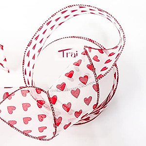 Traico Organza with Red Glitter Heart Wired Ribbon for Home Decor, Gift Wrapping, DIY Crafts, 2.5" x 10 Yards x 1 Roll