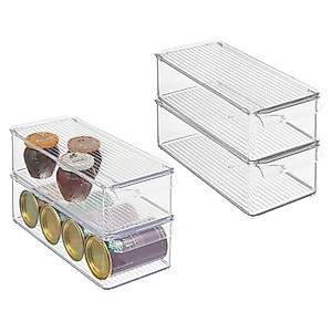 mDesign Slim Plastic Food Storage Container Bin with Lid and Front Handle for Kitchen, Pantry, Cabinet, Fridge and Freezer - Organizer for Snacks, Produce, Vegetables, Pasta, Drinks - 4 Pack, Clear