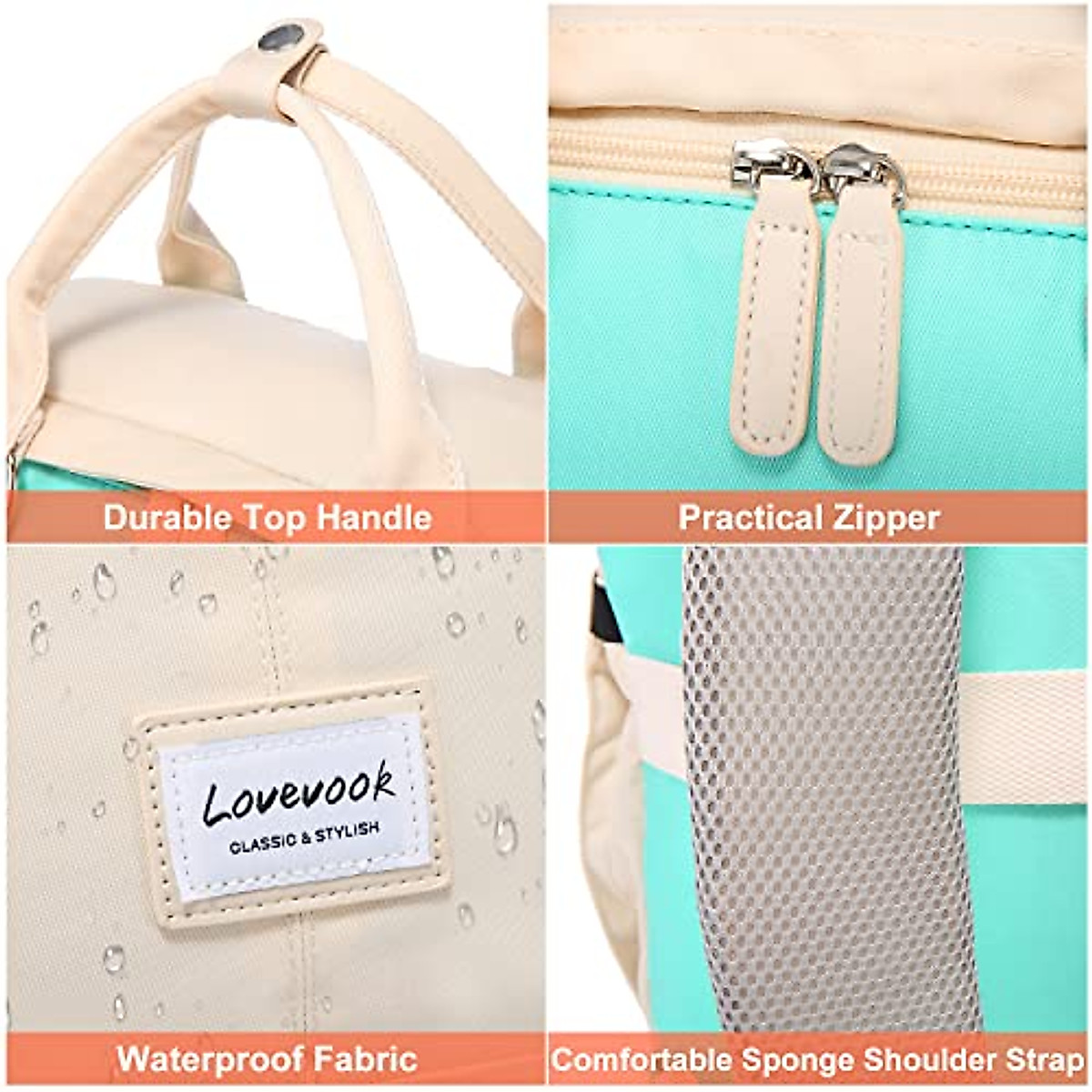 LOVEVOOK Laptop Backpacks for Women,Lightweight Cute Backpack with USB Charging Port Aesthetic Casual Travel Backpack 15.6 Inch,White&Green