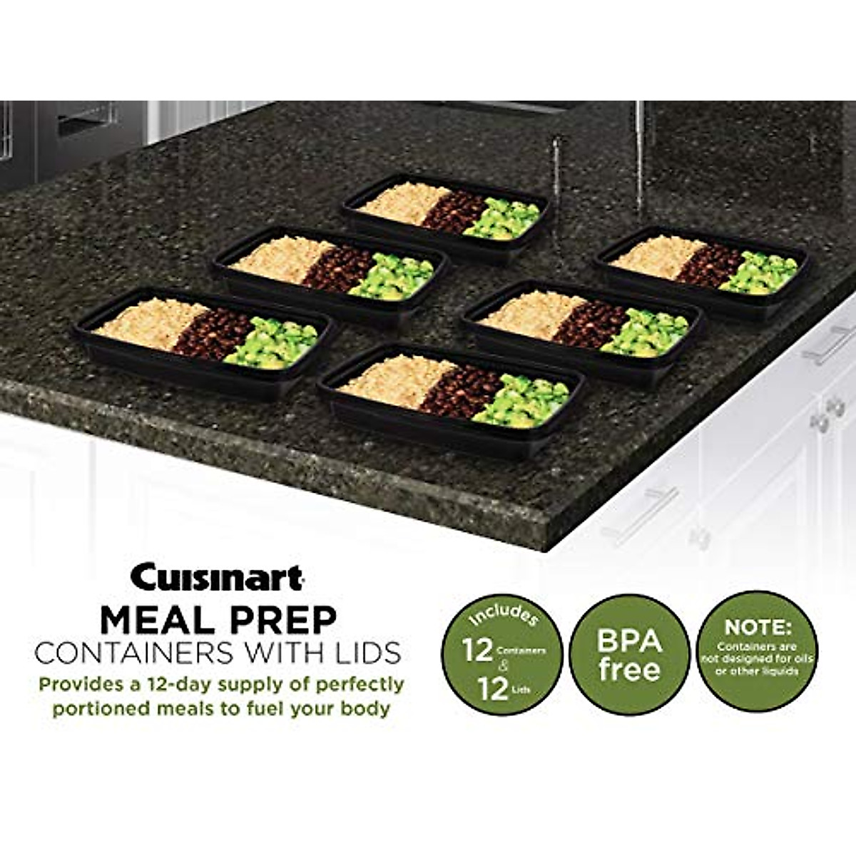 Cuisinart 1 Compartment Meal Prep Containers, 24 Piece, Set of 12 BPA Free Food Storage Containers with Lids-Reusable, Stackable Bento Box Containers-Microwave, Dishwasher, Freezer Safe-Black, 28.75oz