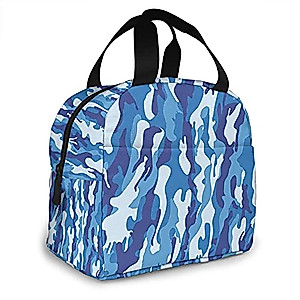 Blue Camo Lunch Bag for Men Women Insulated Cooler Tote Reusable Lunchbox with Front Pocket Large Containers Work Picnic Fishing