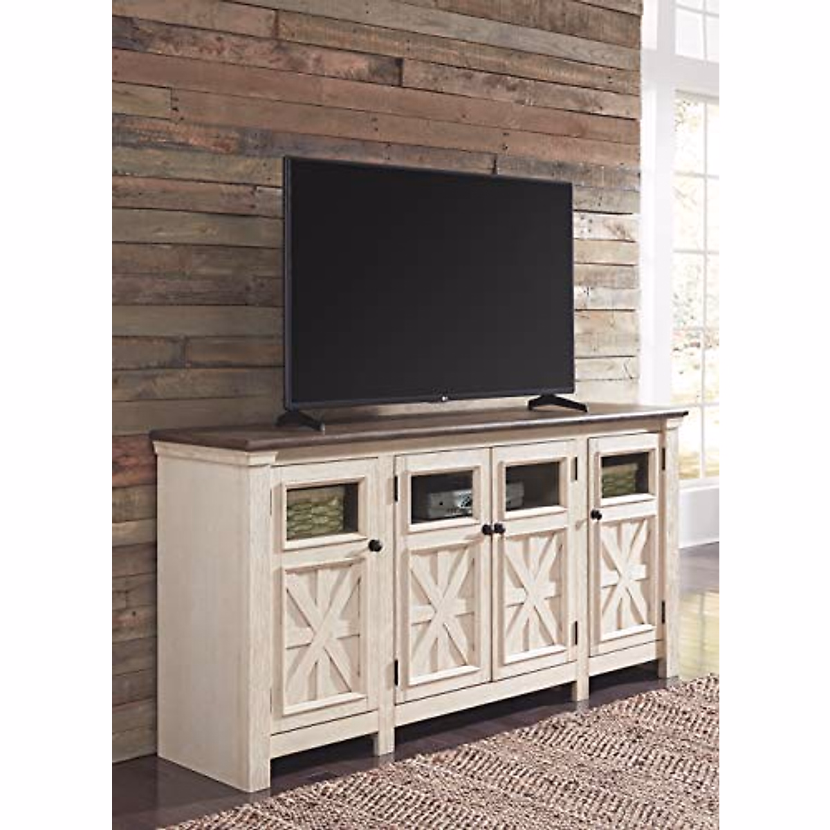 Signature Design by Ashley Bolanburg Two Tone Farmhouse TV Stand, Fits TVs up to 72", 3 Cabinets and Adjustable Storage Shelves, Whitewash