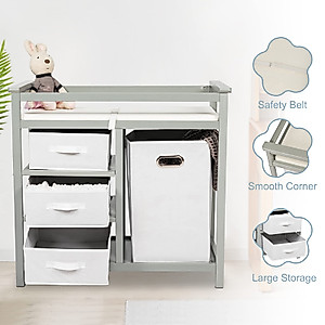 Baby Changing Table - Changing Station with Laundry Hamper, 3 Storage Baskets, and Pad, Multi Storage Nursery Changing Table for Infants or Babies (Light Grey)