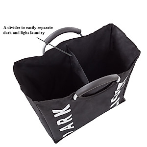 Double Laundry Hamper Sorter- Collapsible Canvas Clothes Basket with Dual Sorting Sections and Round Handles by Lavish Home (Organizer for Home/Dorm) Black Large