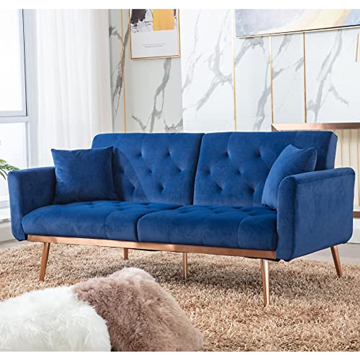 HBHM Velvet Accent Sofa, Loveseat Mid Century Modern Velvet Fabric Couch, Convertible Futon Sofa Bed, Recliner Couch Accent Sofa Loveseat Sofa with Gold Metal Feet (Blue, OneSize)