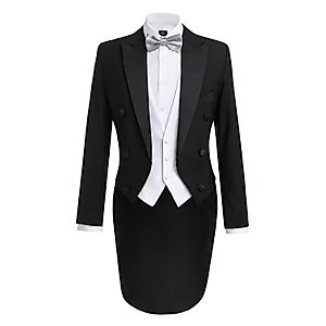 Lilis Men's Fashion 3 Piece Black Tuxedo Tails Includes Tailcoat Vest& Formal Pants