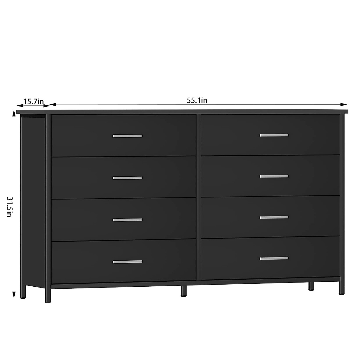 IKENO 8 Drawer Dresser for Bedroom, Industrial Wood Dresser Wide 8 Chest of Drawers, Wooden Storage Organizer Dresser with Sturdy Steel Frame (Black)