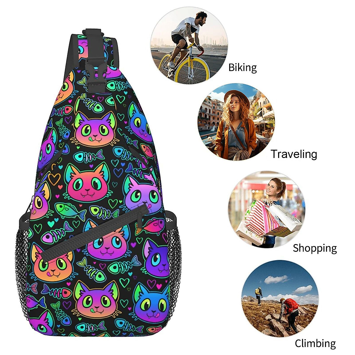 Cat Sling Bag Travel Crossbody Backpack Shoulder Pack Chest Hiking Daypack for Women Men with Strap Adjustable Lightweight Outdoor Walking Running Climbing